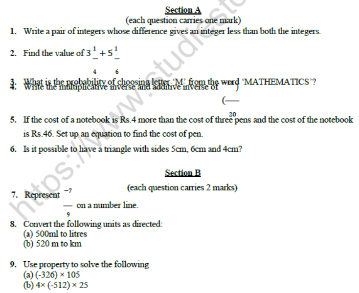 CBSE Class 7 Mathematics Question Paper Set Y CBSE Class 7 Mathematics Question Paper Set Y